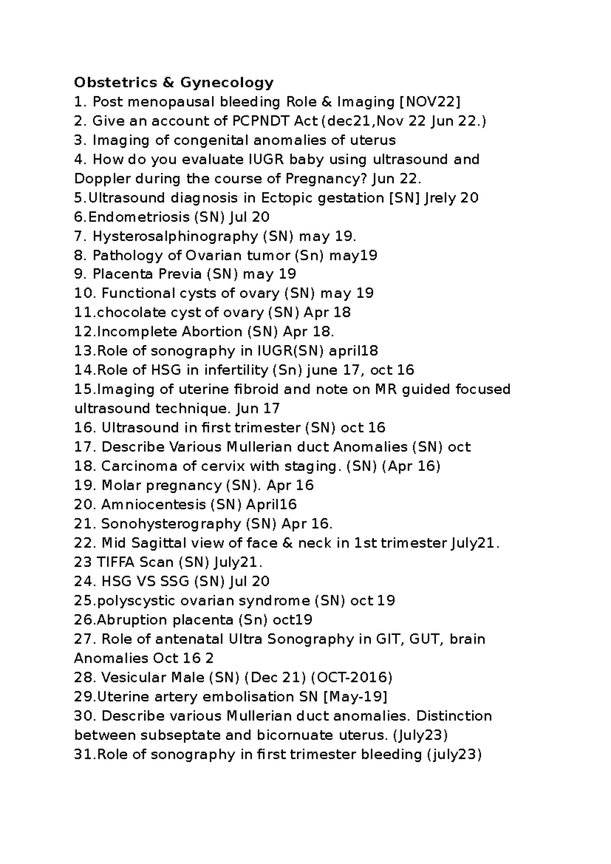 OBG - Important questions for exams - Obstetrics & Gynecology Post menopausal bleeding Role ...