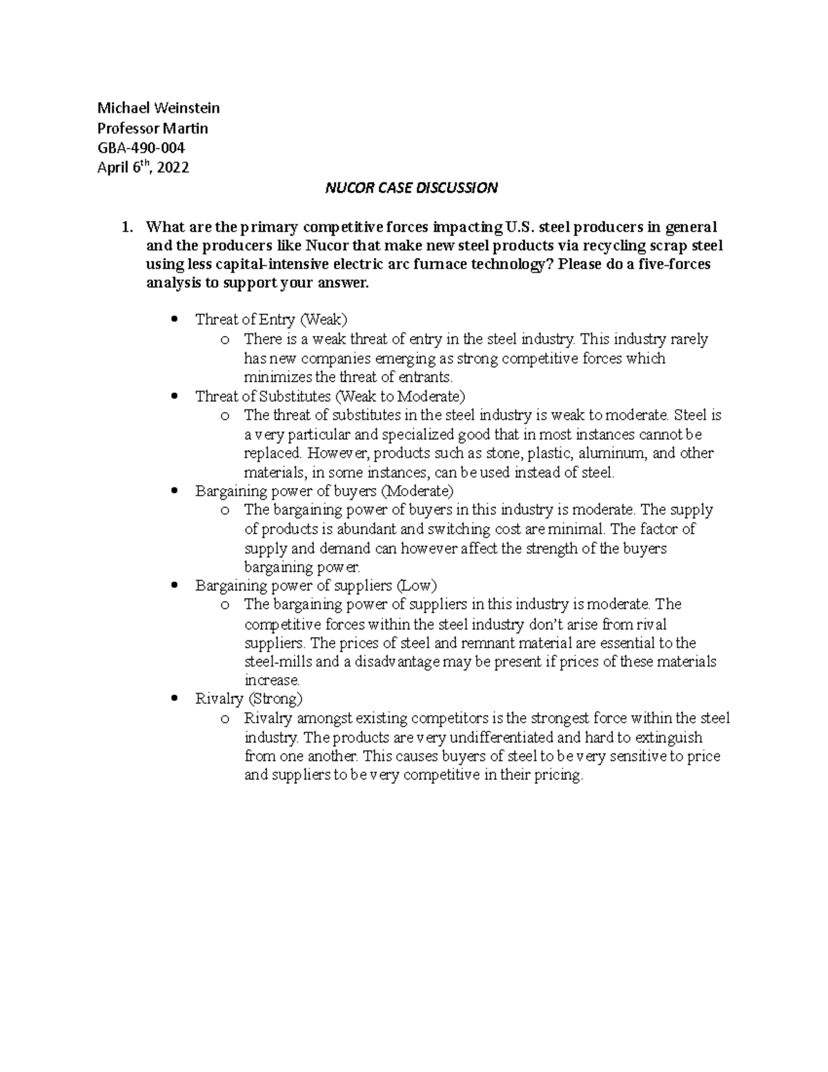 Nucor Case Study - homework - Michael Weinstein Professor Martin GBA ...