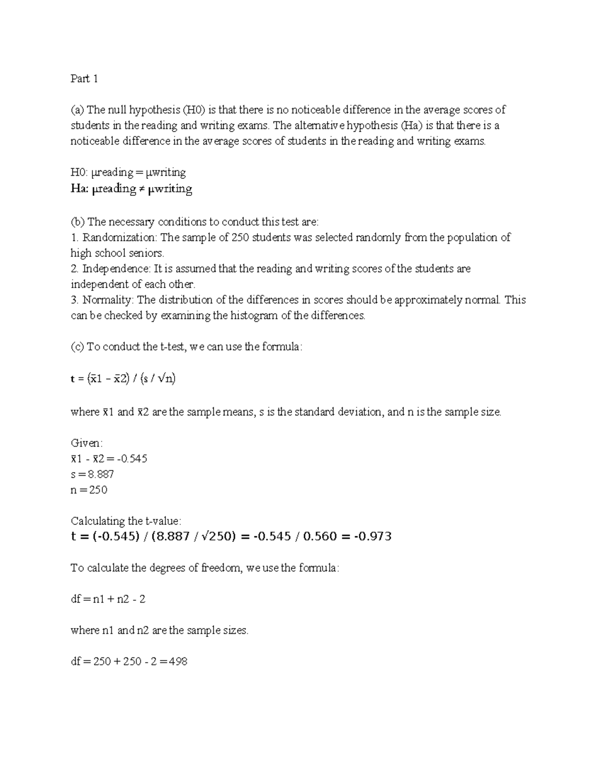 Math Assignment unit 4 - Part 1 (a) The null hypothesis (H0) is that ...