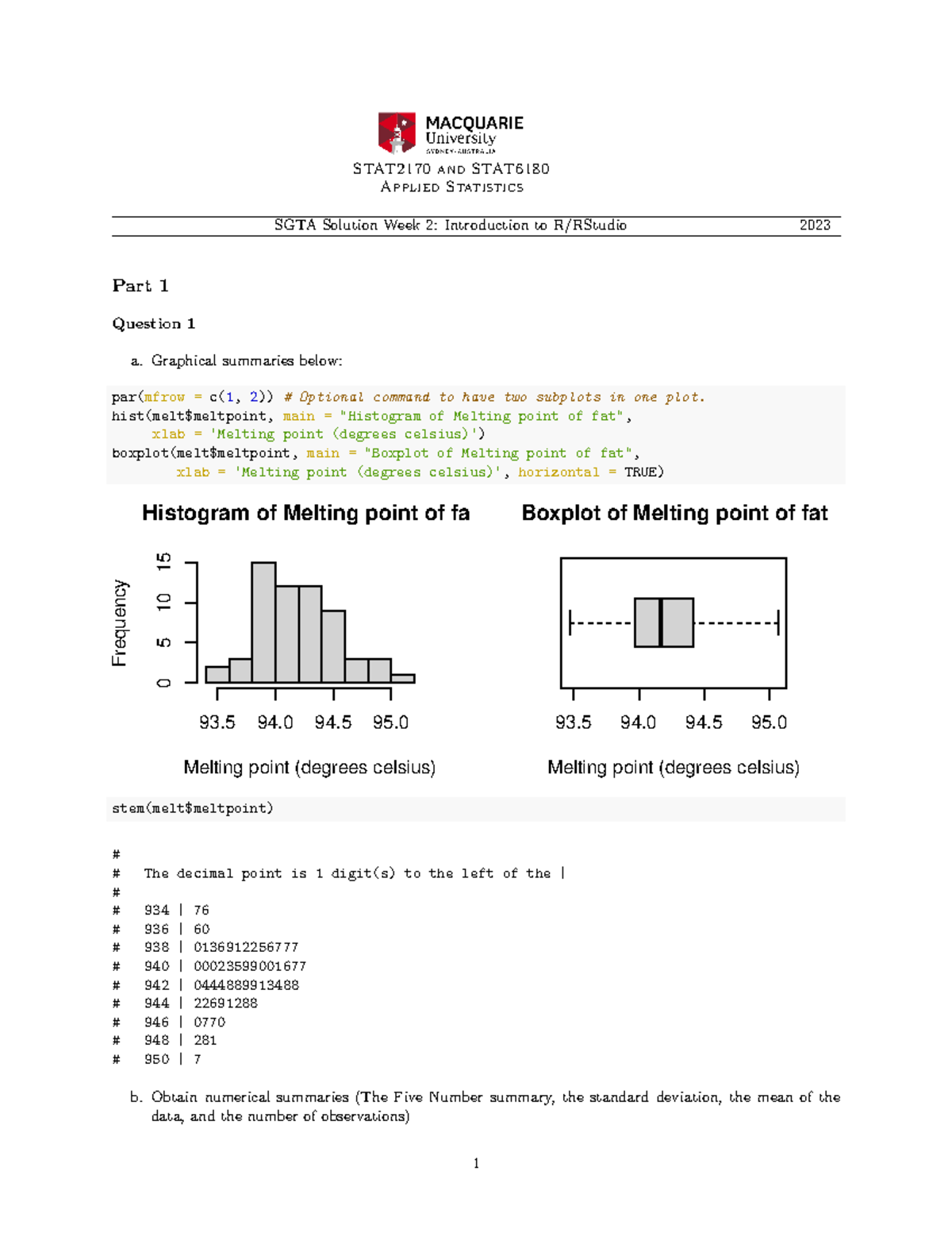 Week 2 SGTA solution - STAT2170 and STAT Applied Statistics SGTA Solution Week 2: Introduction ...