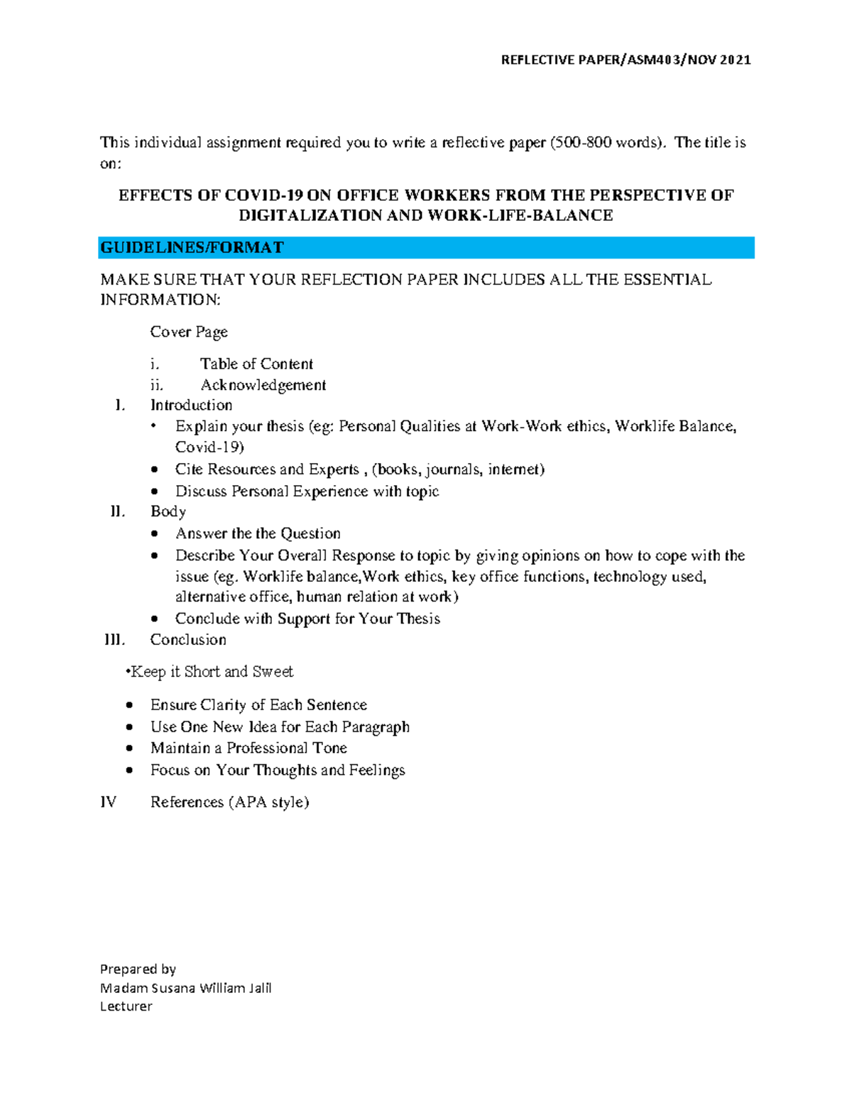 Instruction on Reflective Paper 1 - REFLECTIVE PAPER/ASM403/NOV 2021 ...