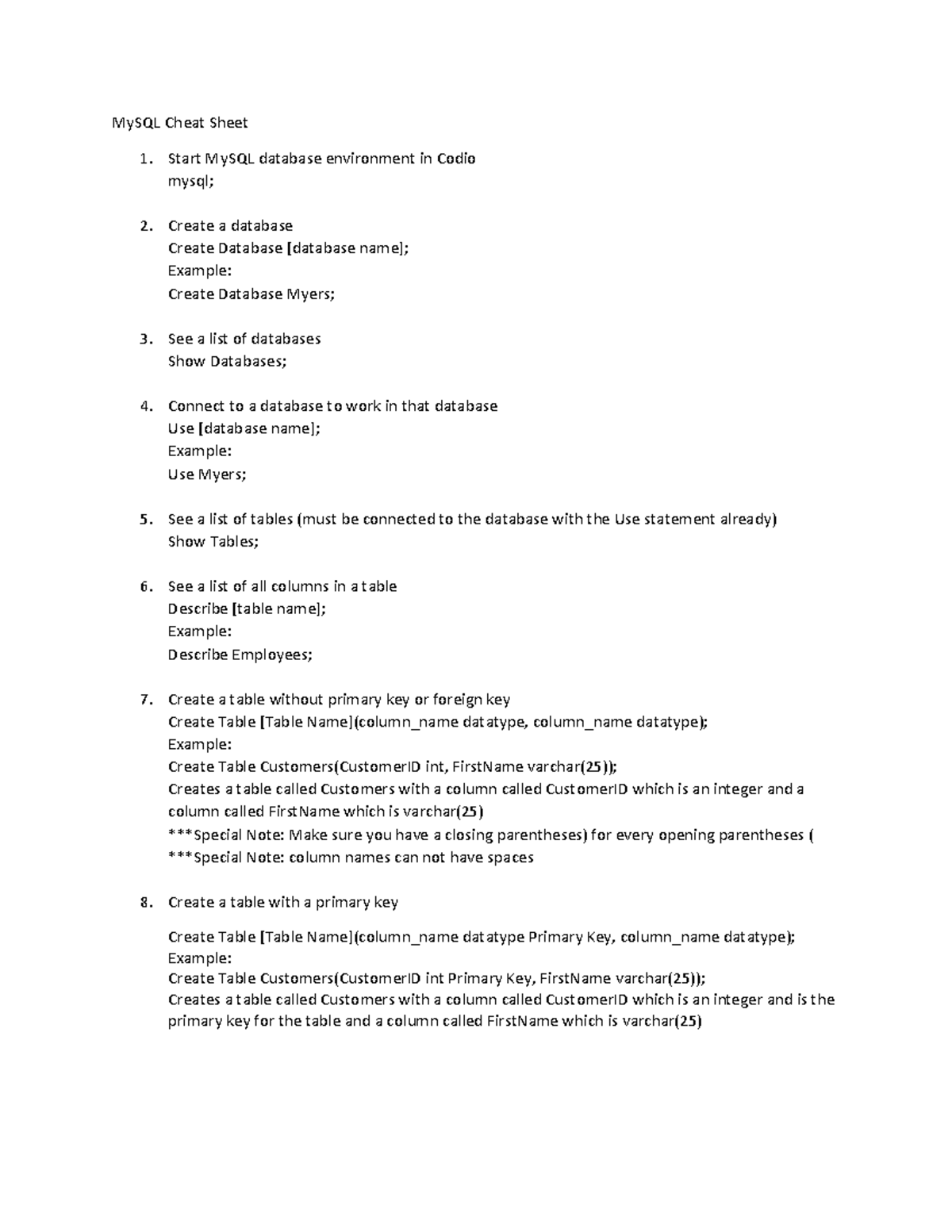 My SQL Cheat Sheet - Start MySQL database environment in Codio mysql; 2 ...