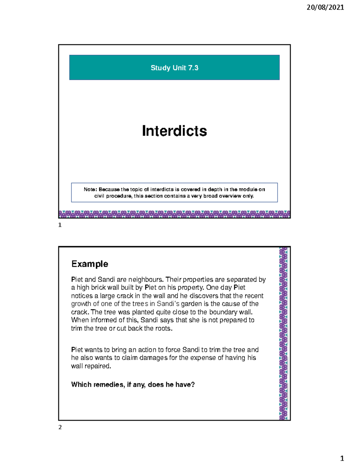 SU+7 - The slides for the elements of delict - Interdicts Study Unit 7 ...