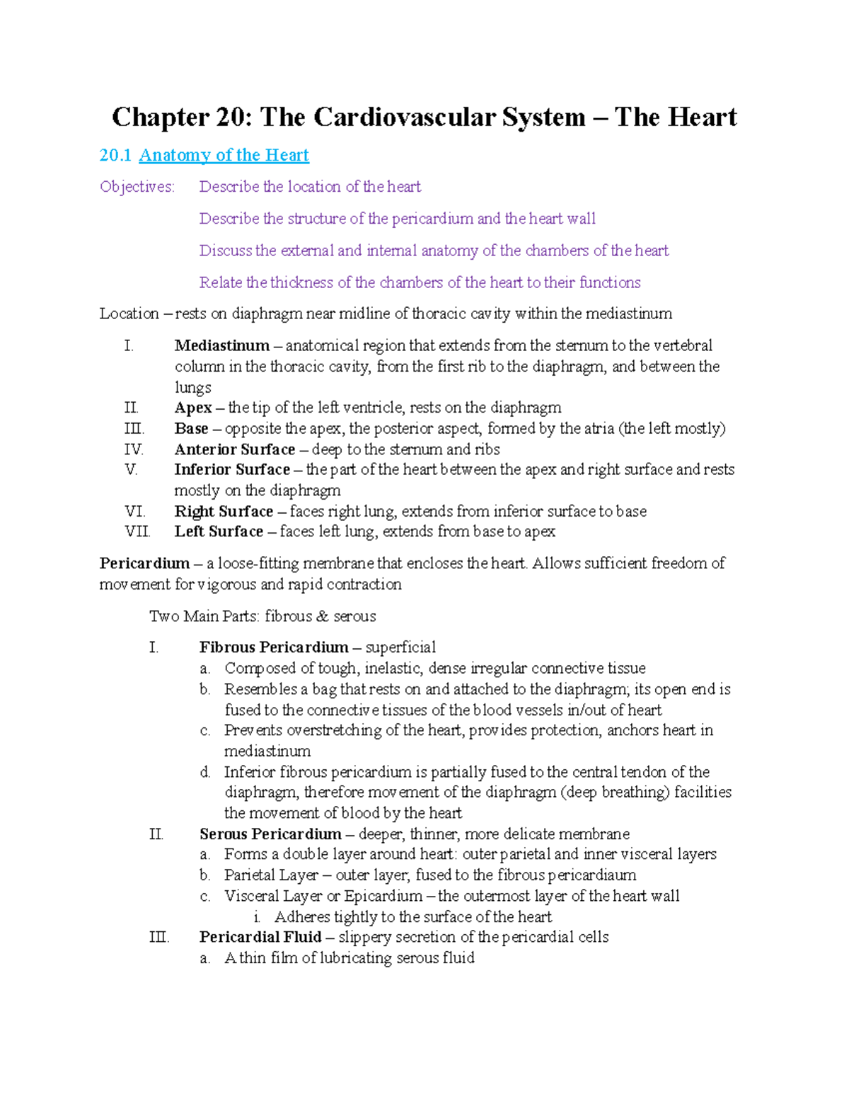 BIO 235 - Chapter 20 - notes - Chapter 20: The Cardiovascular System ...