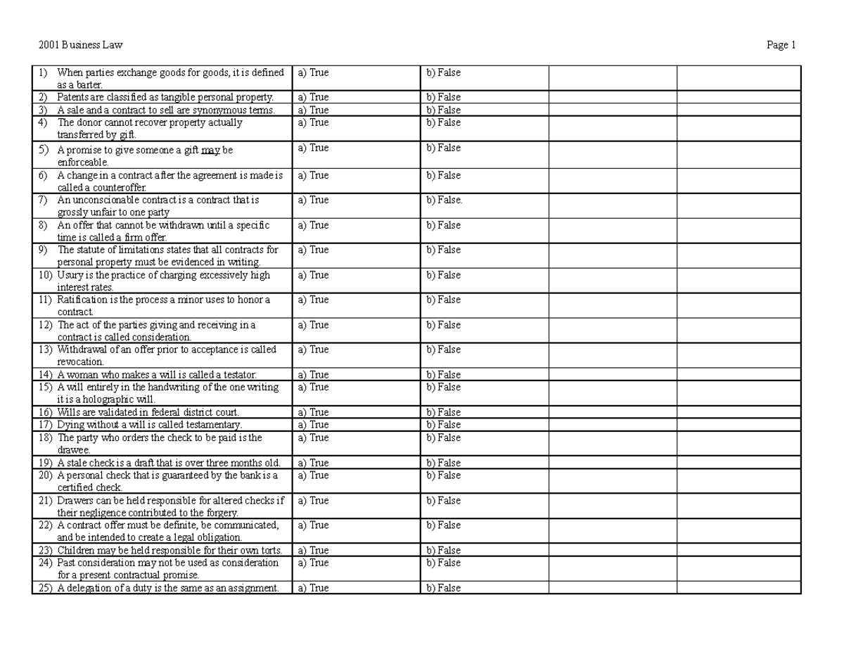 Business Law Practice Test 1 - When parties exchange goods for goods ...