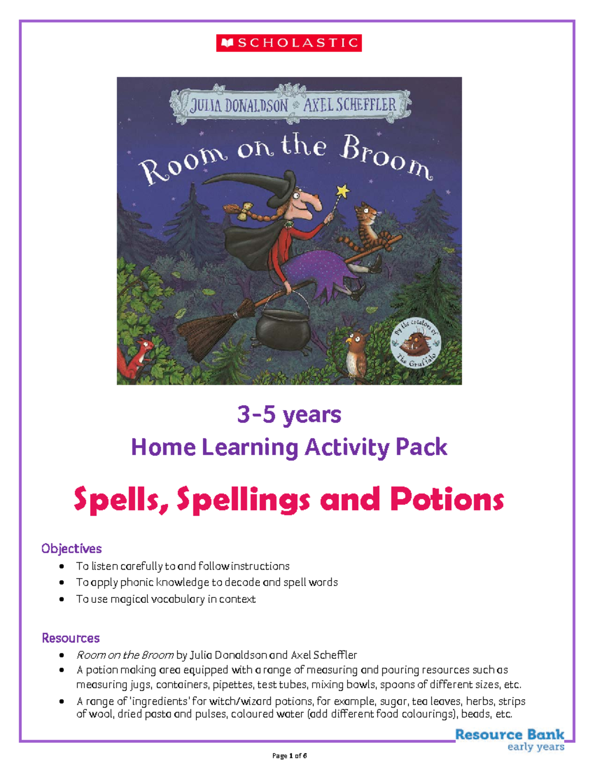 Room on the broom 3 5 home learning pack spells spellings and potions ...