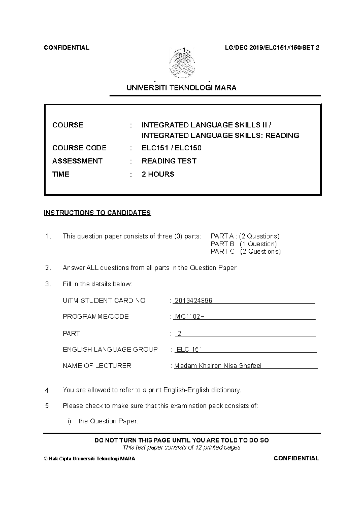 ELC151 Reading TEST SET2 DEC 2019 - CONFIDENTIAL LG/DEC 2019/ELC151 ...