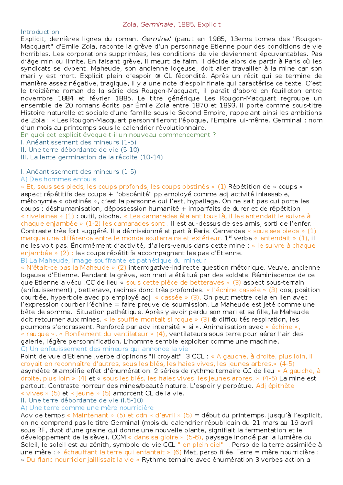 Fiche 10 - Germinal[ 3451] - Zola, Germinale, 1885, Explicit ...