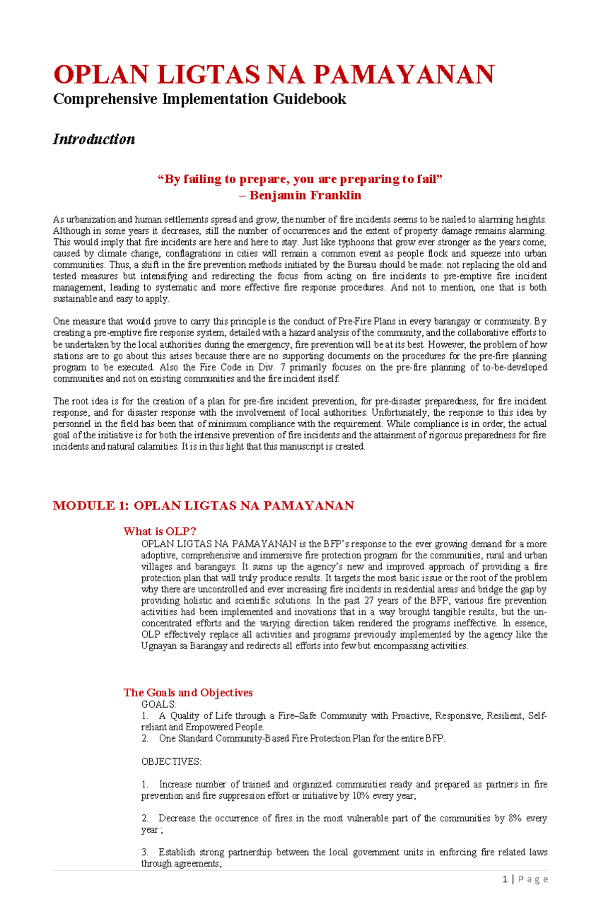 Toaz - OPLAN LIGTAS NA PAMAYANAN Comprehensive Implementation Guidebook Introduction “By failing ...