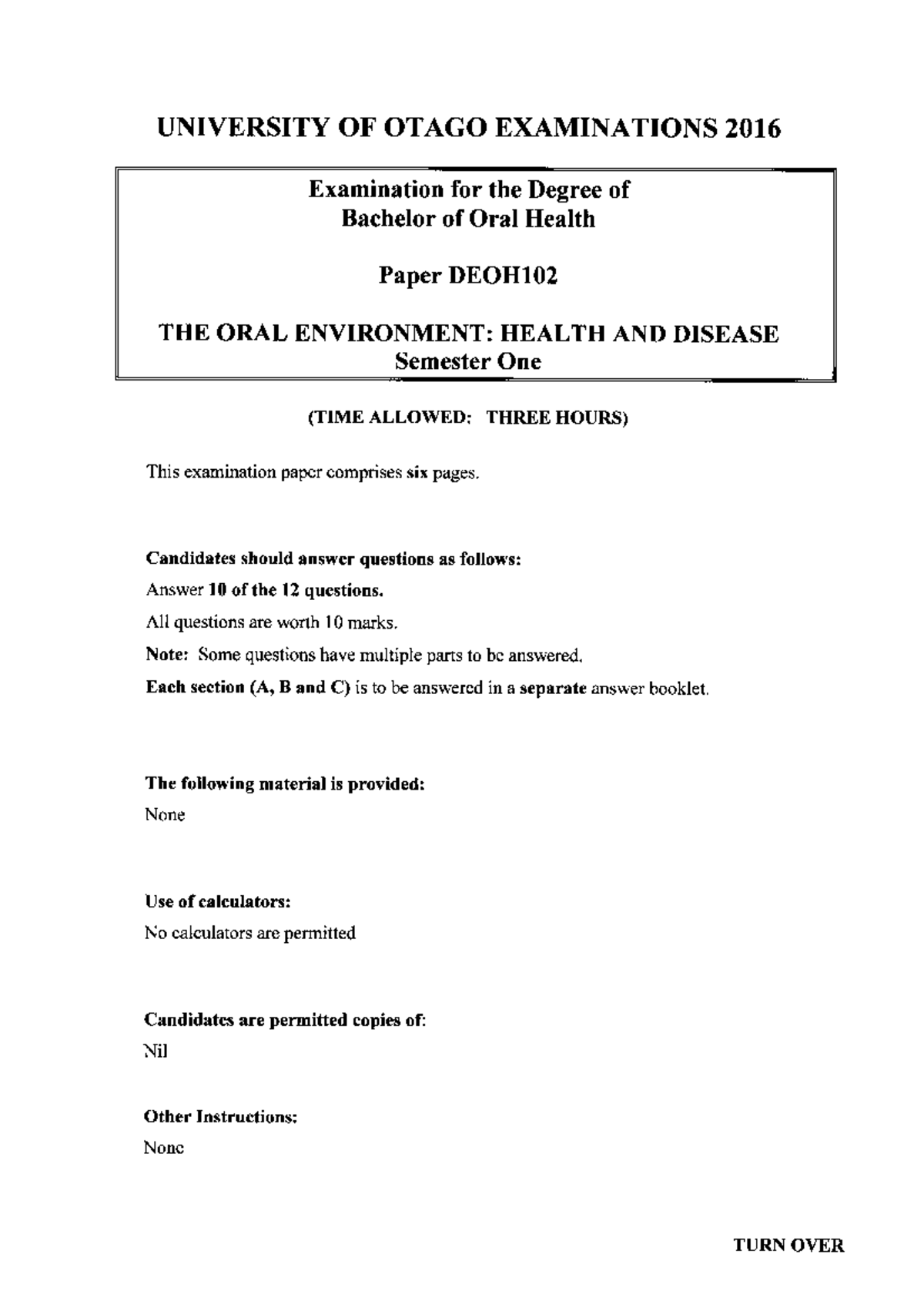 Deoh102 2016 s1 - Past paper examinations and template of the paper ...