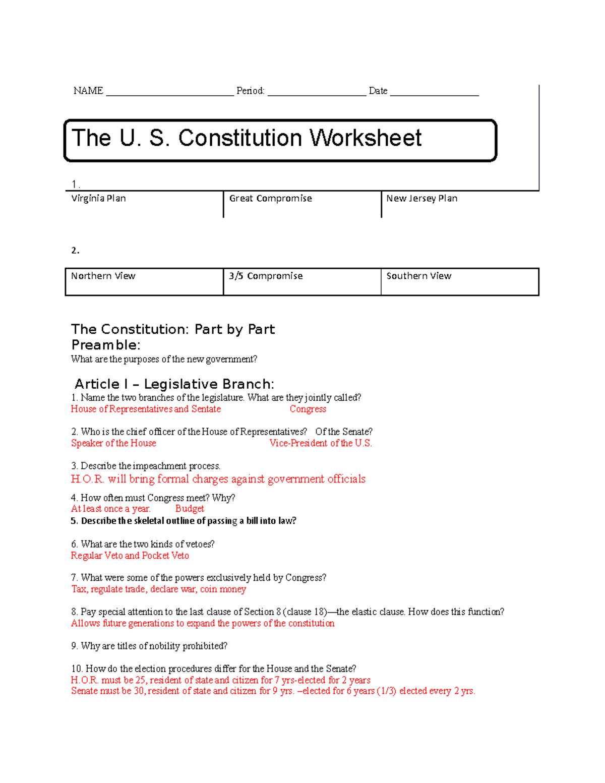 Constitution worksheet key - NAME __________________________ Period
