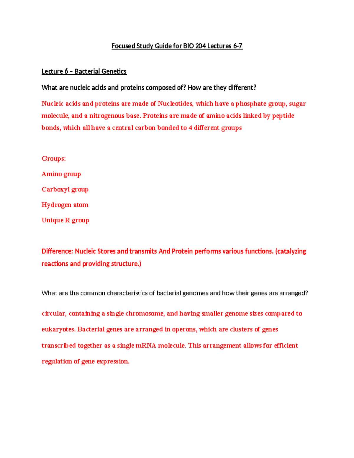 BIO 204 Focused Study Guide Lectures 6-7 - Focused Study Guide for BIO 204 Lectures 6- Lecture 6 ...