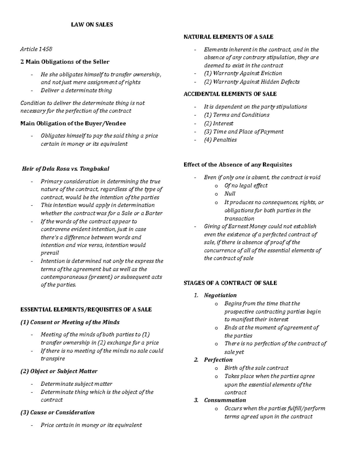 1 Law on Sales Lecture Notes Full Revised - LAW ON SALES Article 1458 2 ...