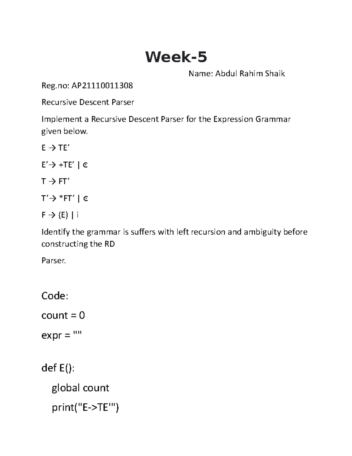 Cd lab(AP21110011308) - Week- Name: Abdul Rahim Shaik Reg: AP Recursive Descent Parser Implement ...