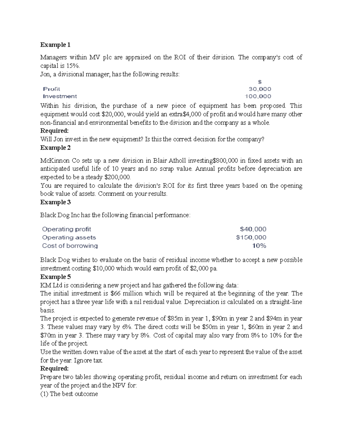 Divisional perfomance questions - Example 1 Managers within MV plc are ...