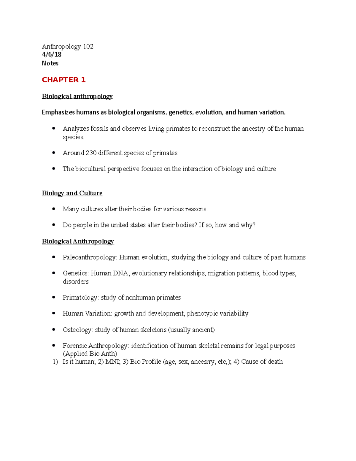 Chapter 1 - Anthropology 102 4/6/ Notes CHAPTER 1 Biological ...
