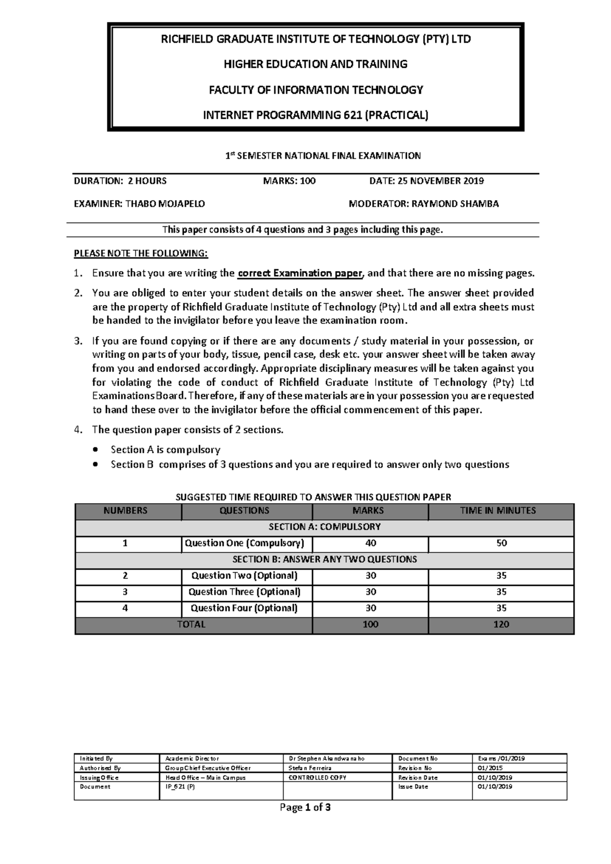 IProgramming 621 - Initiated By Academic Director Dr Stephen Akandwanaho Document No Exams /01 ...