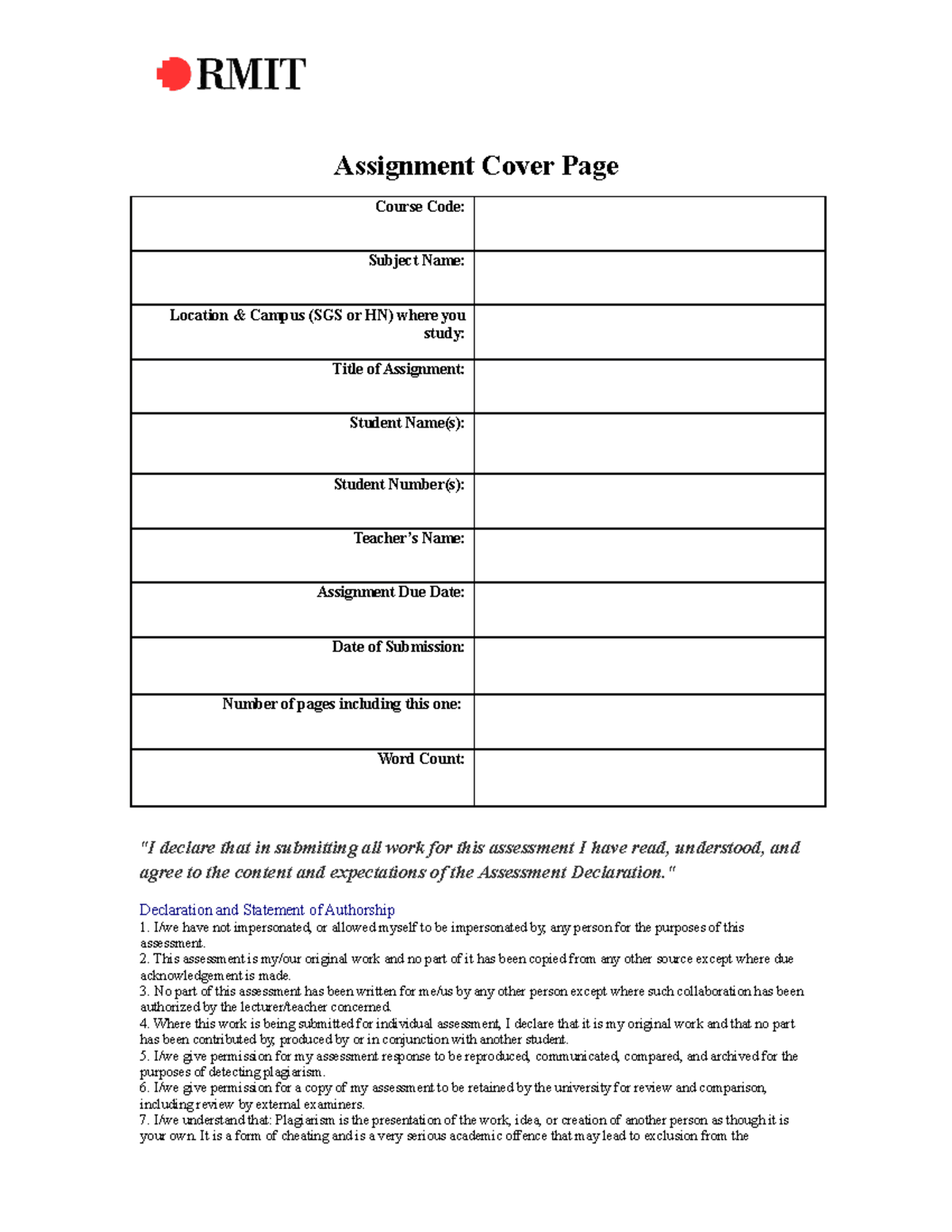 Cover Sheet and Declaration Statement 2023-3 - Assignment Cover Page ...