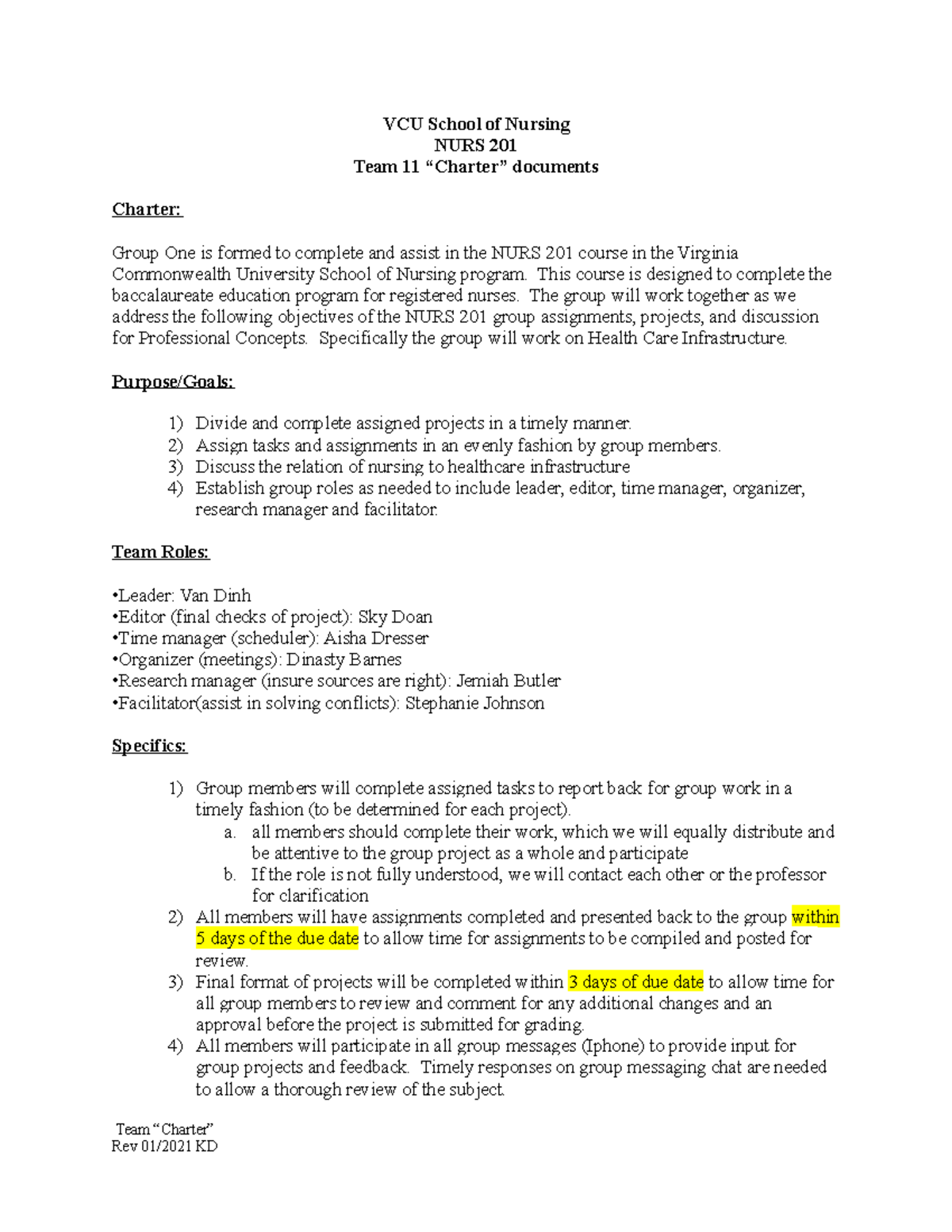 NURS 201 Team Charter 11 - VCU School of Nursing NURS 201 Team 11 ...