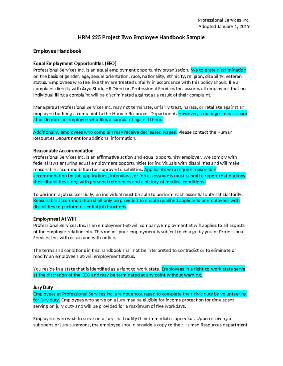 HRM 225 Project Two Employee Handbook Sample - Professional Services ...