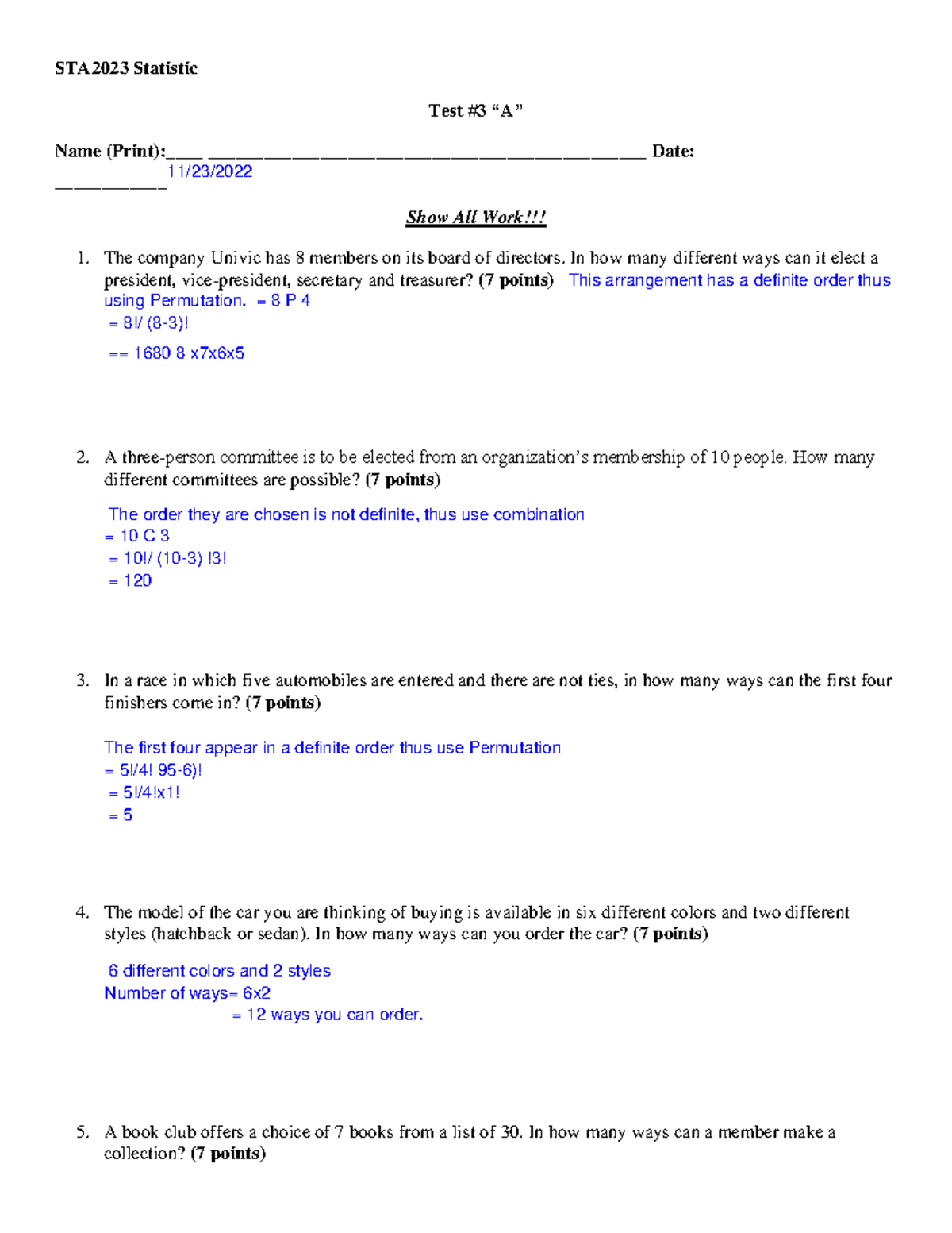 Sta Test 3 - Sta Test 3 - STA2023 Statistic Test #3 “A” Name (Print ...