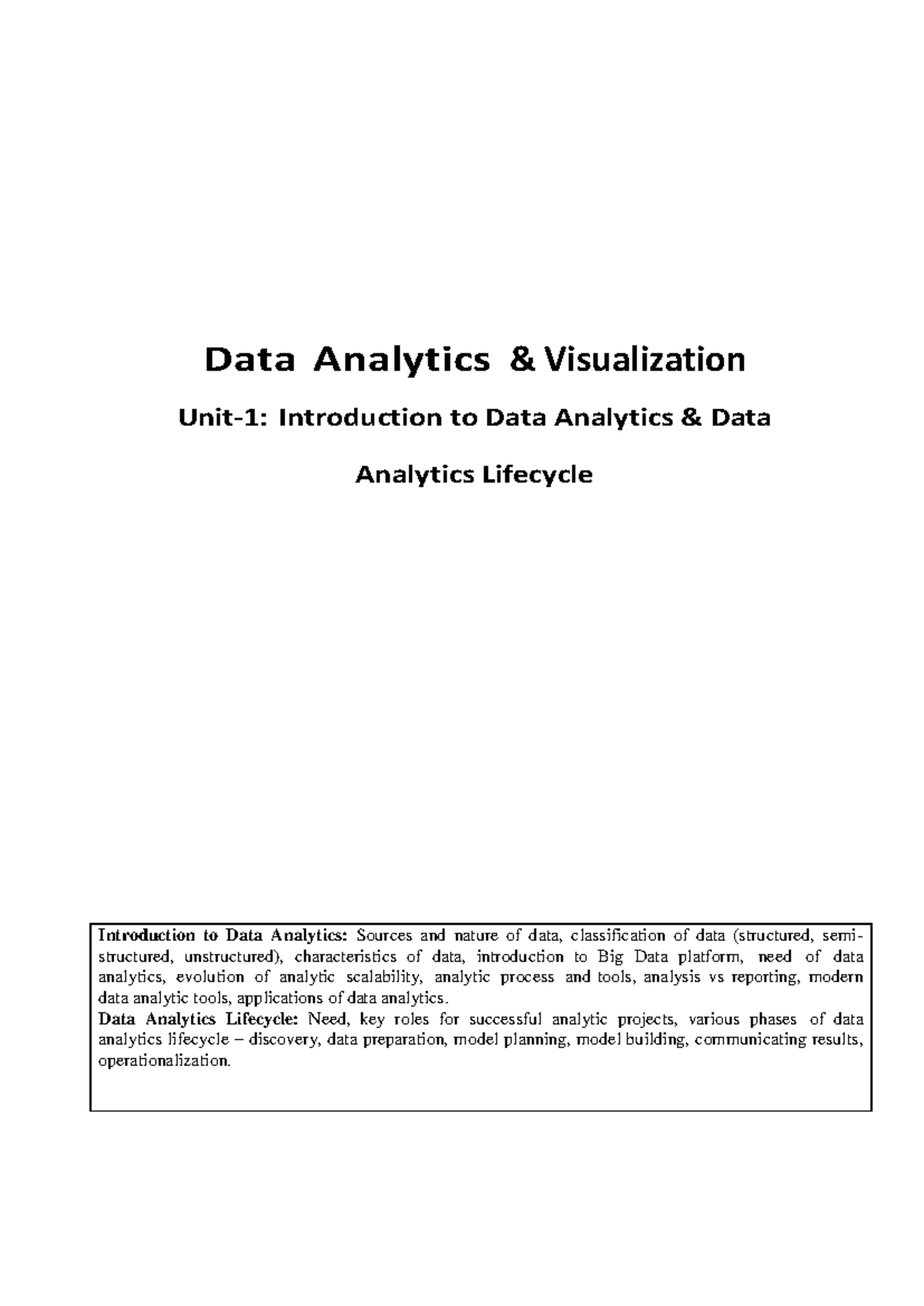 Unit 1 - mkdmekde - Data Analytics & Visualization Unit-1: Introduction to Data Analytics ...