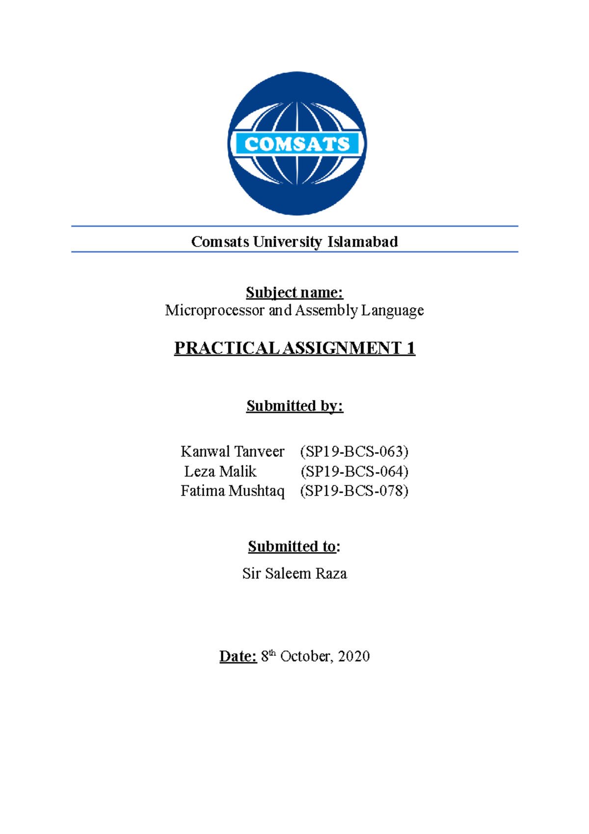 Assembly language code - Comsats University Islamabad Subject name: Microprocessor and Assembly ...