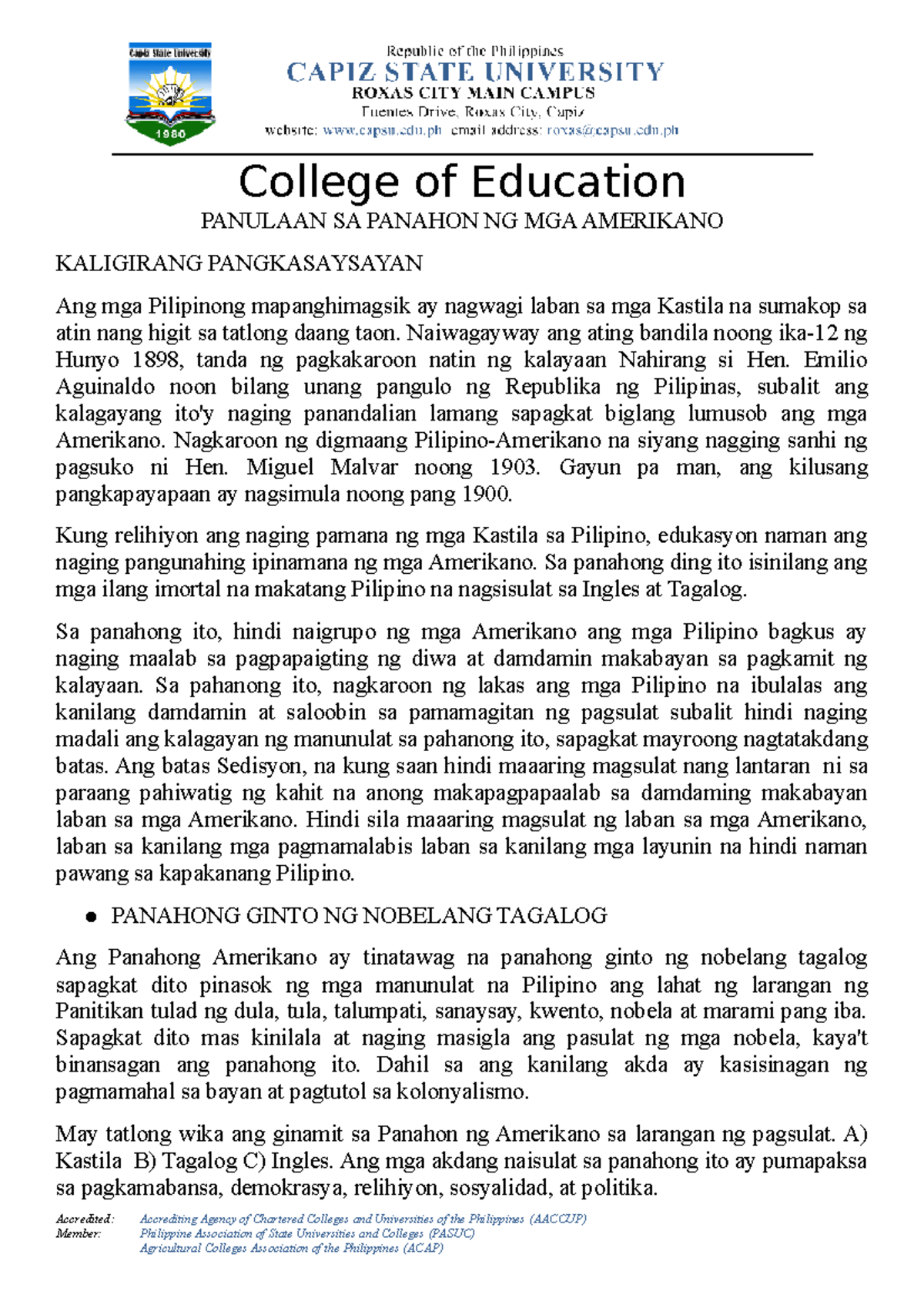 Panahon ng Amerikano - FIL 108 - College of Education PANULAAN SA ...