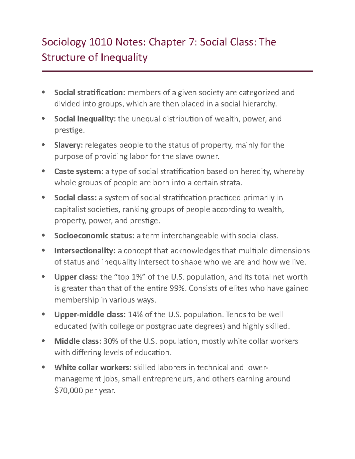 Sociology 1010 Notes Chapter 7 Social Class The Structure of Inequality ...