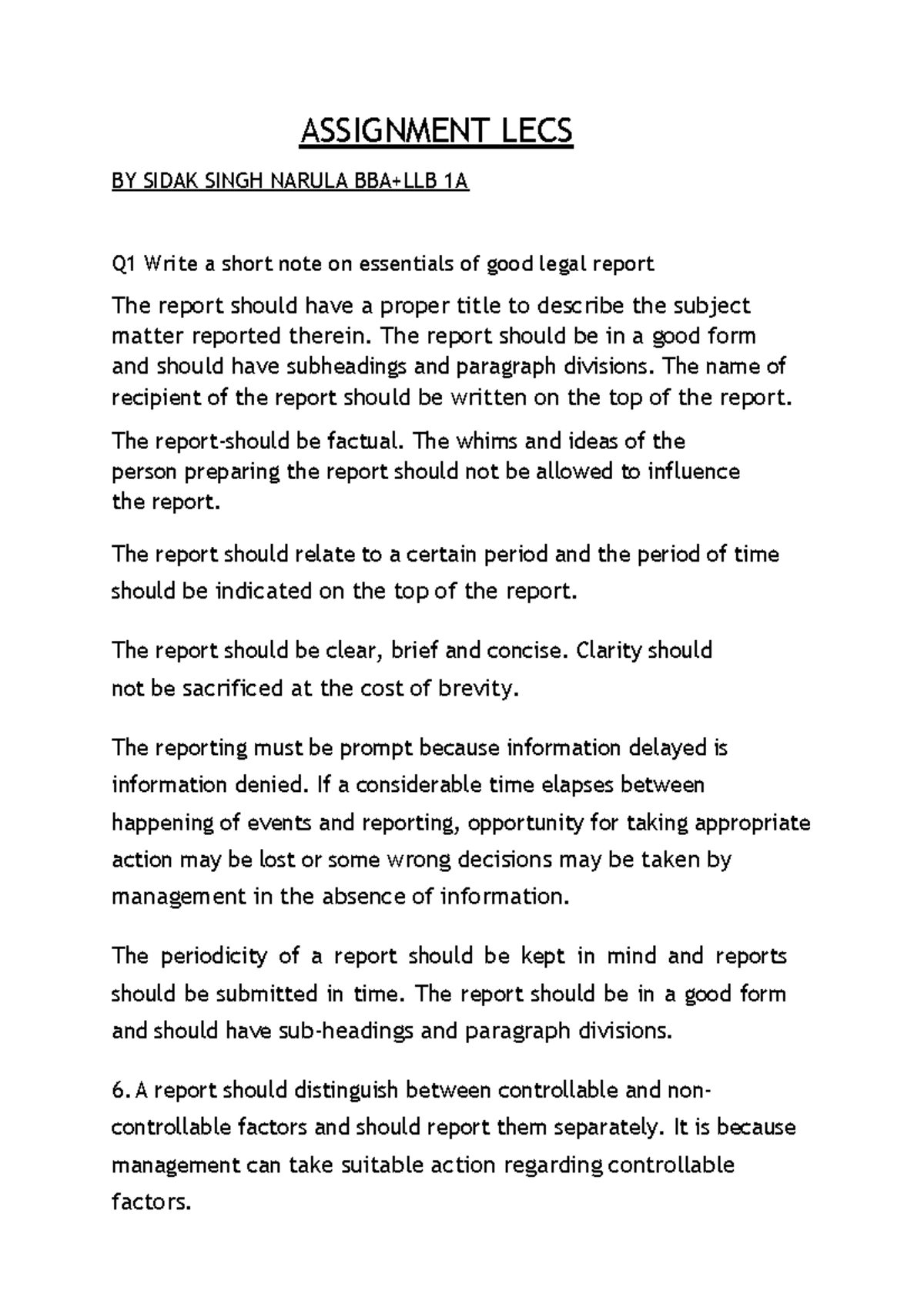 Assignment LECS : Write a short note on essentials of good legal report ...