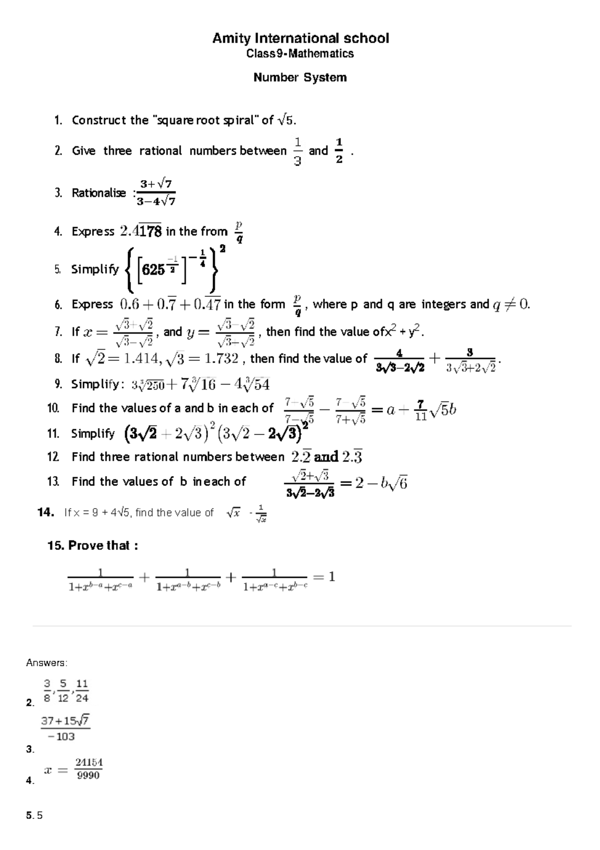 Class IX CH 1 Number System WS - Amity International school Class 9 - Mathematics Number System ...