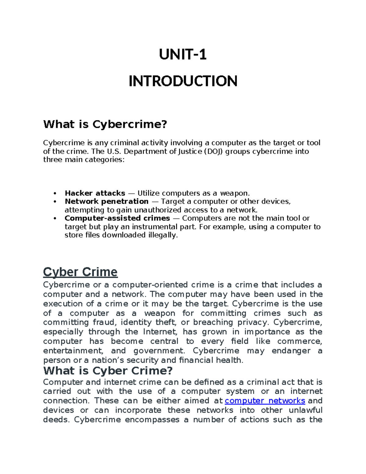 UNIT-1 - This is a short note for the subject cyber security - UNIT- INTRODUCTION What is - Studocu