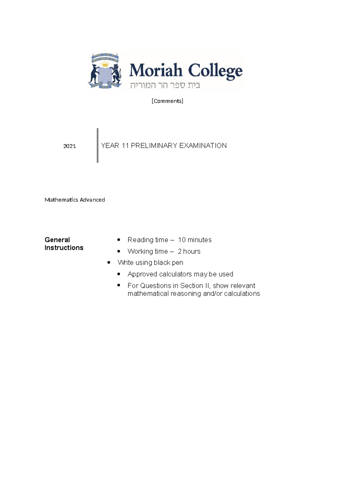 2021 Year 11 Advanced Mathematics Preliminary Examination - [Comments ...
