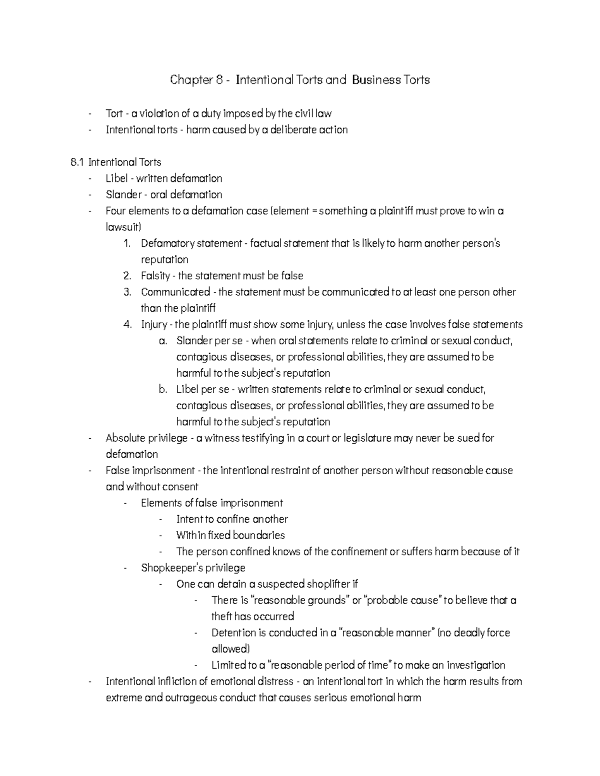 Chapter 8 - Intentional Torts and Business Torts - Defamatory statement ...