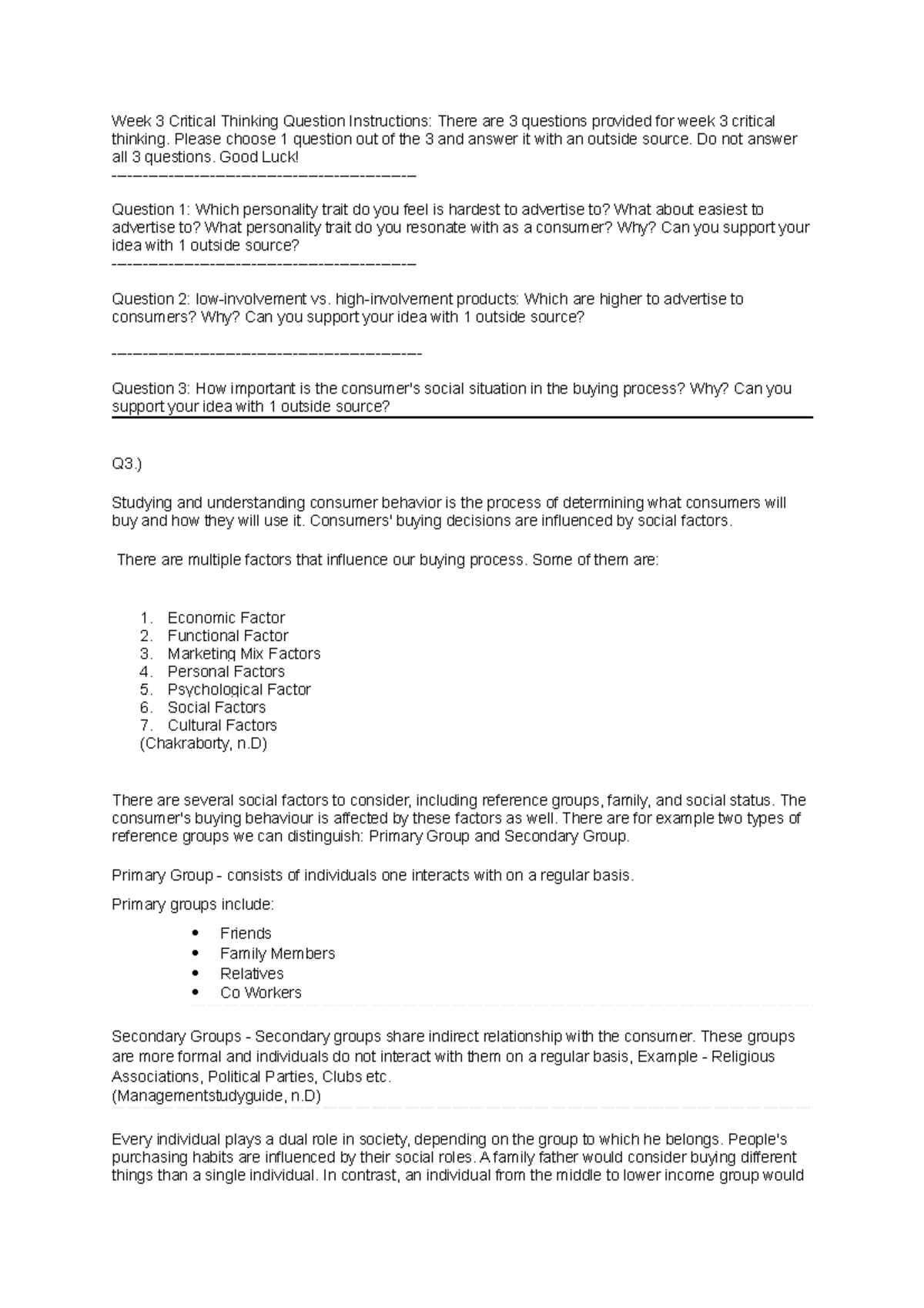 Week 3 Critical Thinking Question - Please choose 1 question out of the ...