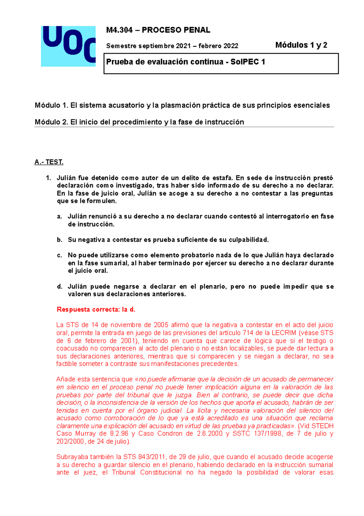 Solución práctica 1 Proceso Penal Pablo LLarena - M4 – PROCESO PENAL Semestre septiembre 2021 ...