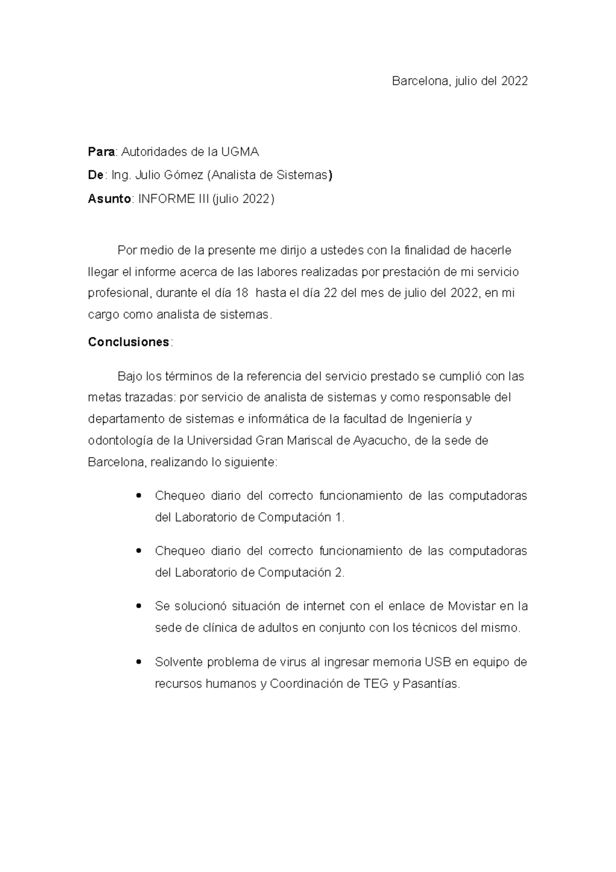 Reporte Laboral del Ing. Julio Gomez Sifontes 3 - Barcelona, julio del ...