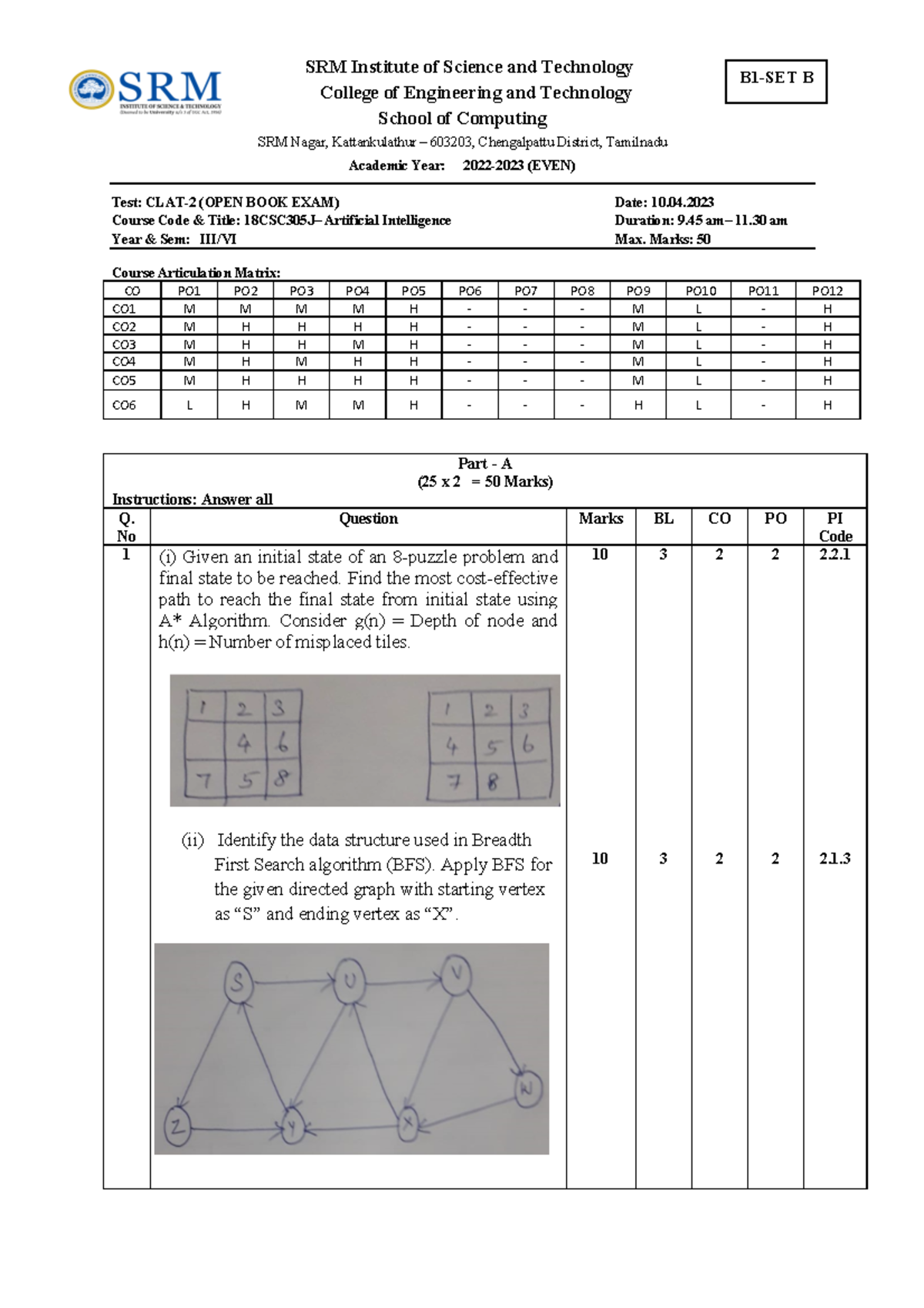 Ct 2 Questions B1 Set B Answer Key Srm Institute Of Science And Technology College Of