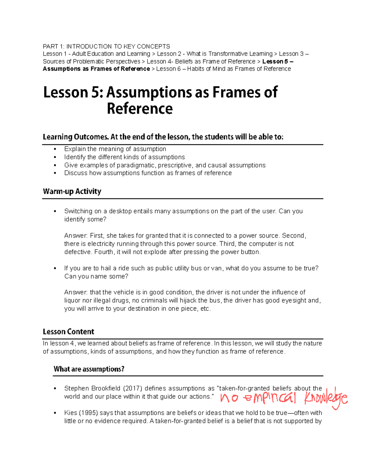 Lesson-5-Assumptions-as-Frame-of-Reference copy - PART 1: INTRODUCTION TO KEY CONCEPTS Lesson 1 ...