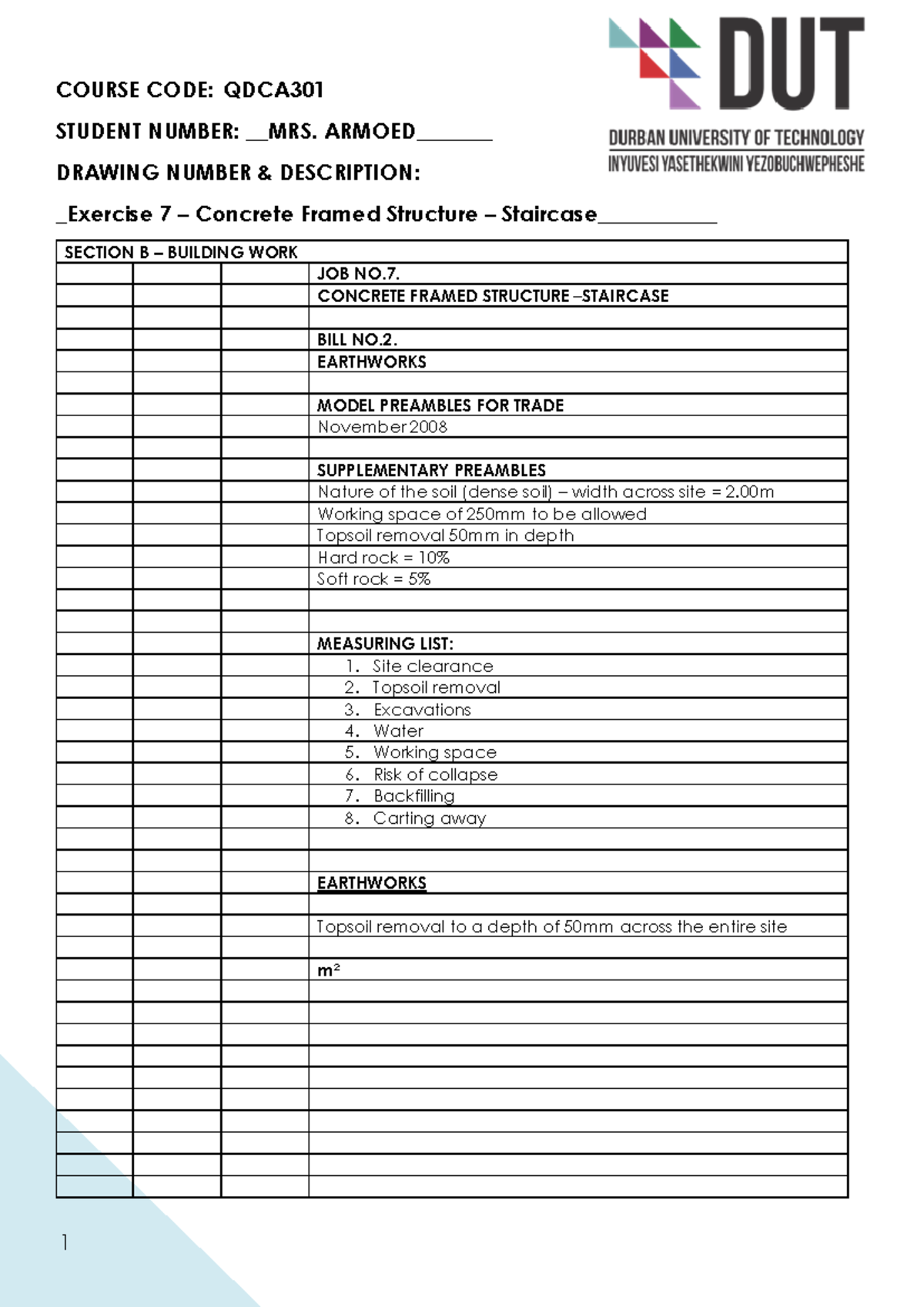 Staircase exercise - STUDENT NUMBER: MRS. ARMOED_____ DRAWING NUMBER ...