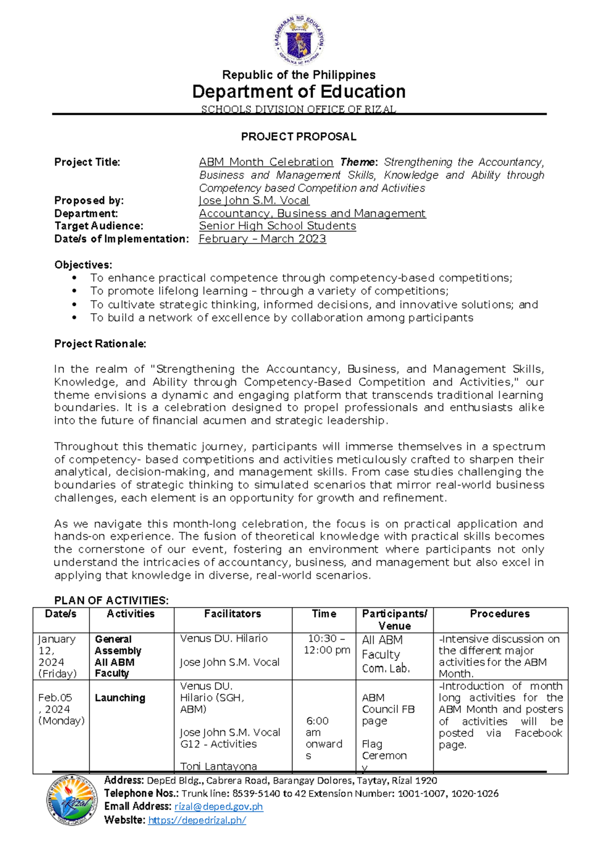 ABM Month Project- Proposal - Address: DepEd Bldg., Cabrera Road ...