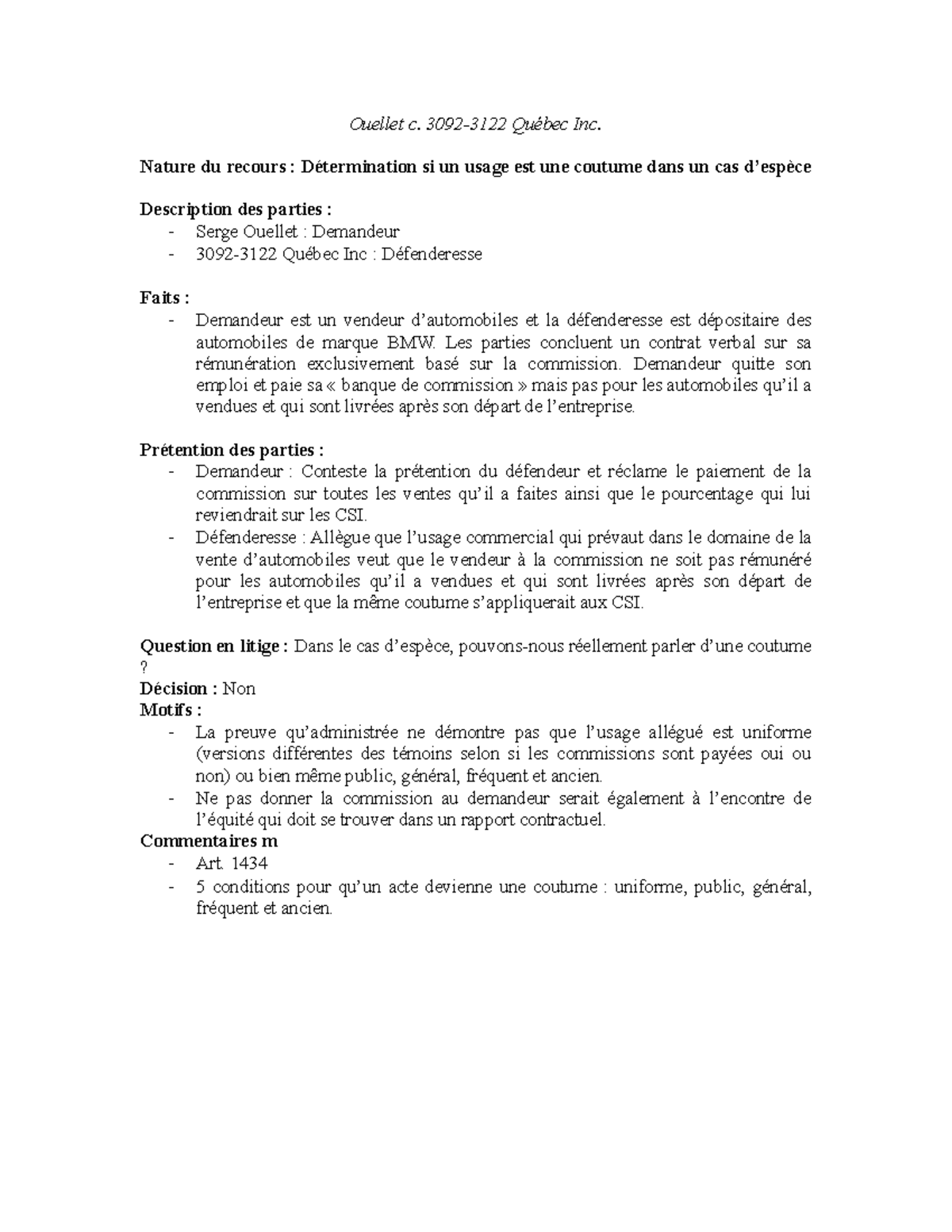 Document 2 - Droit de l'entreprise I - Ouellet c. 3092-3122 Québec Inc ...