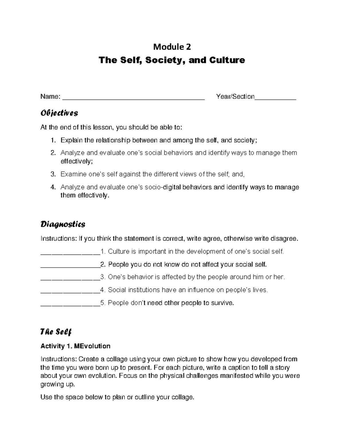 The Self Society and Culture - Module 2 The Self, Society, and Culture ...