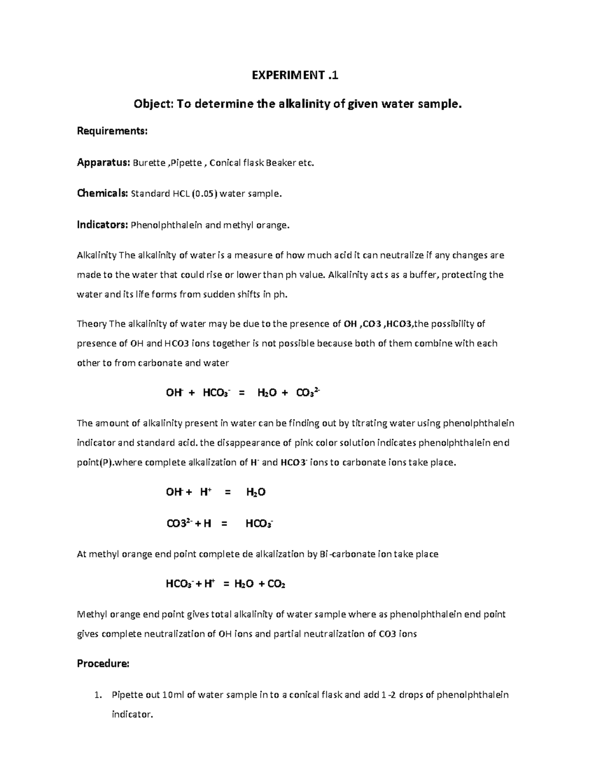 Chemistry - EXPERIMENT. Object: To determine the alkalinity of given ...