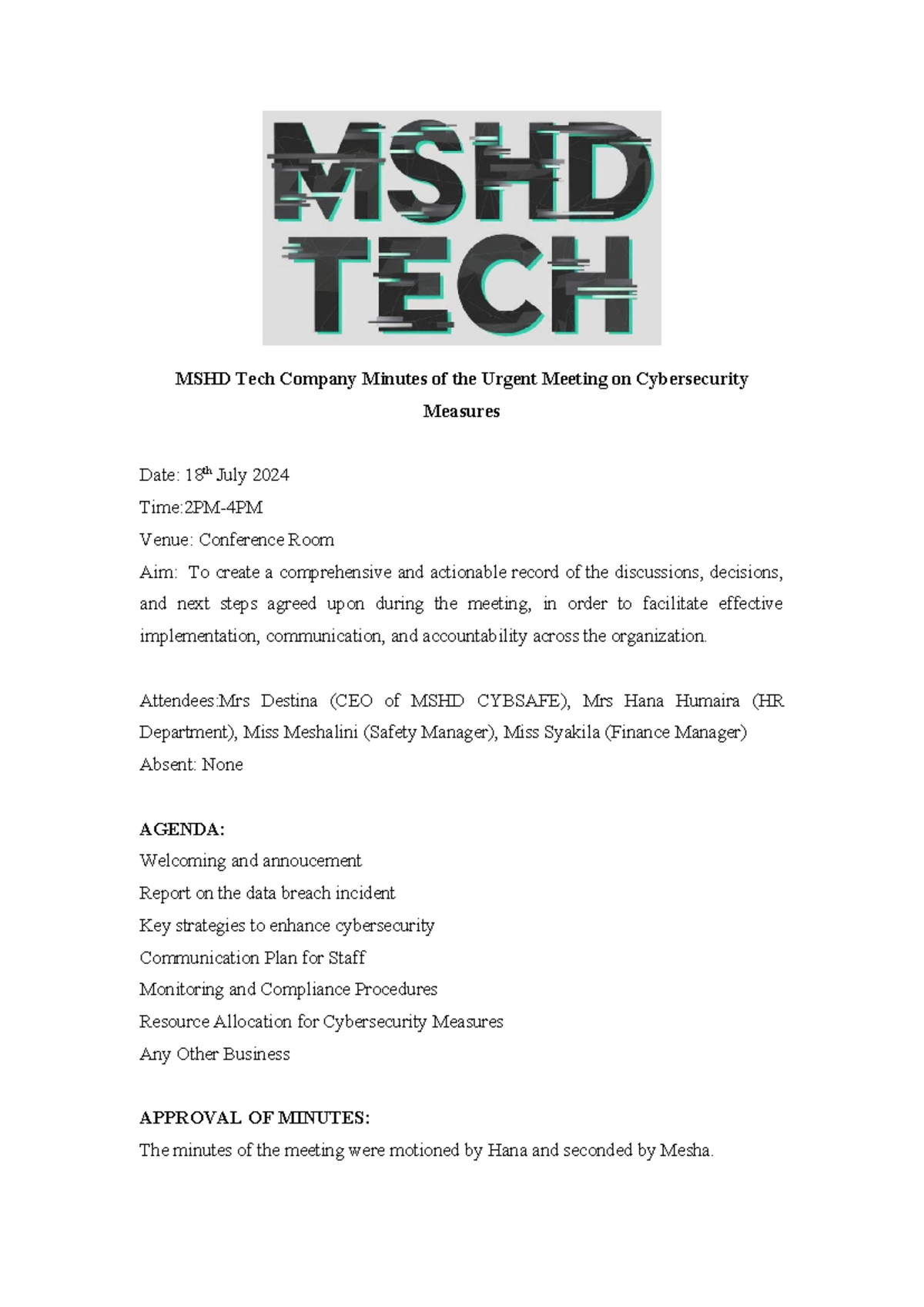 Report of MSHD Tech Company Minutes of the Urgent Meeting on ...