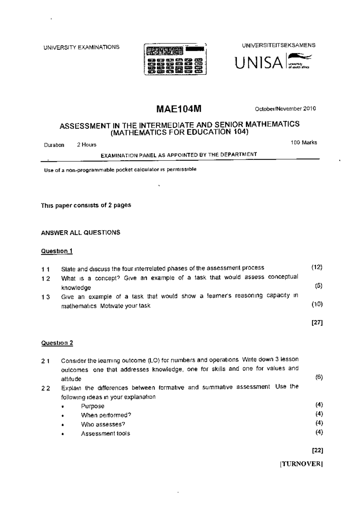 Exam 5 April 2010, questions - UNIVERSITEITSEKSAMENS UNISA“ musty ...