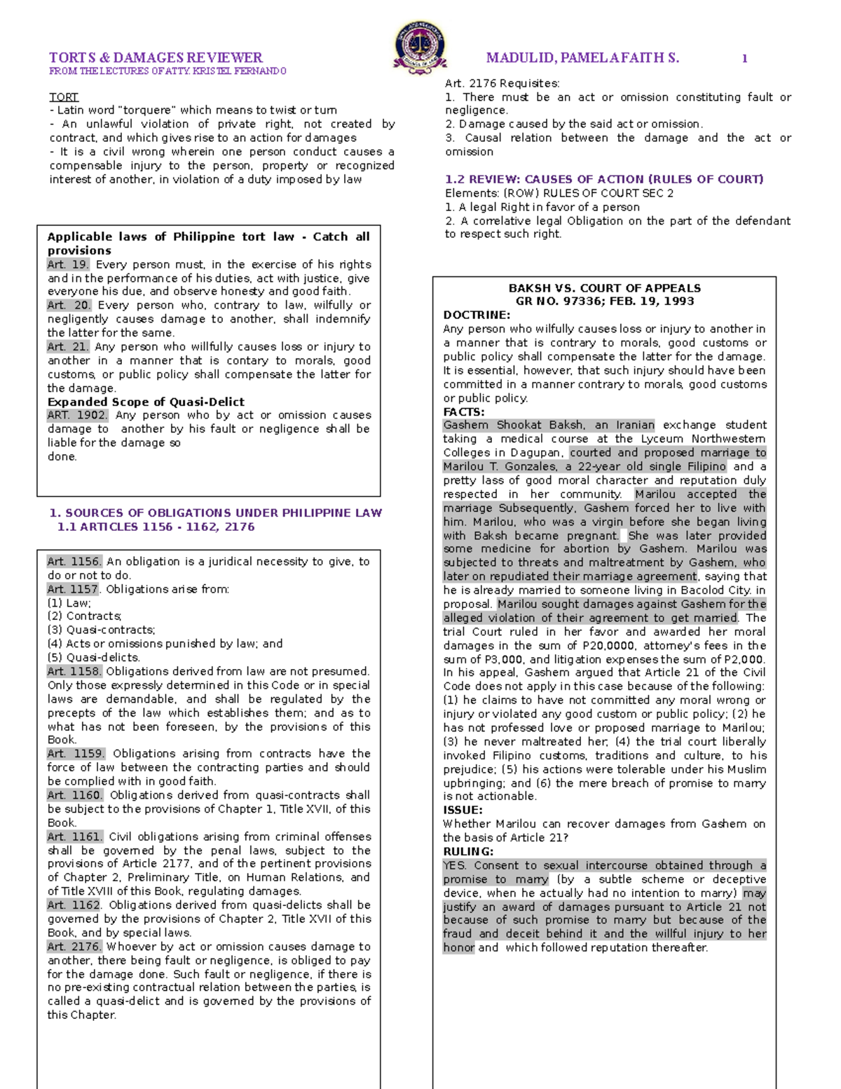 Madulid Torts Damages Reviewer - FROM THE LECTURES OF ATTY. KRISTEL ...