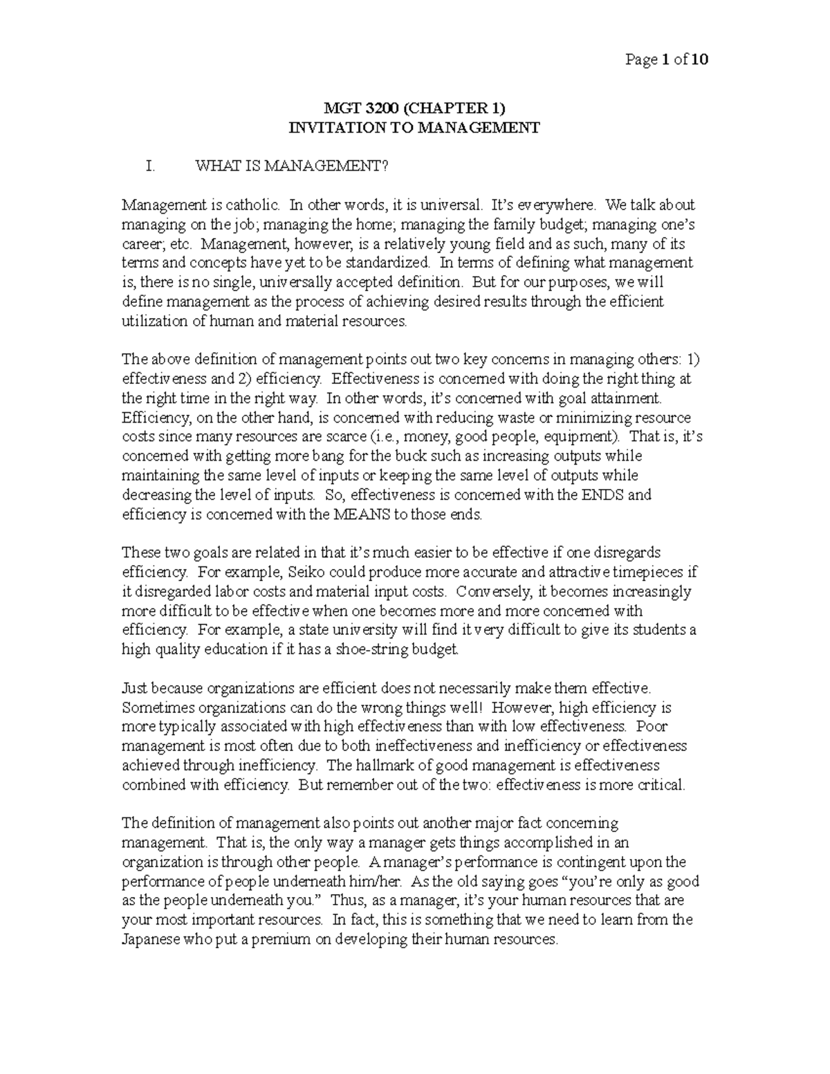 Introduction to Management Notes 2021 - MGT 3200 (CHAPTER 1) INVITATION ...