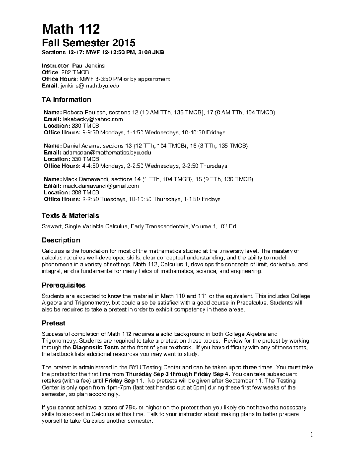 Math 112 Fall 2015 Syllabus and Homework - 1 Math 112 Fall Semester ...