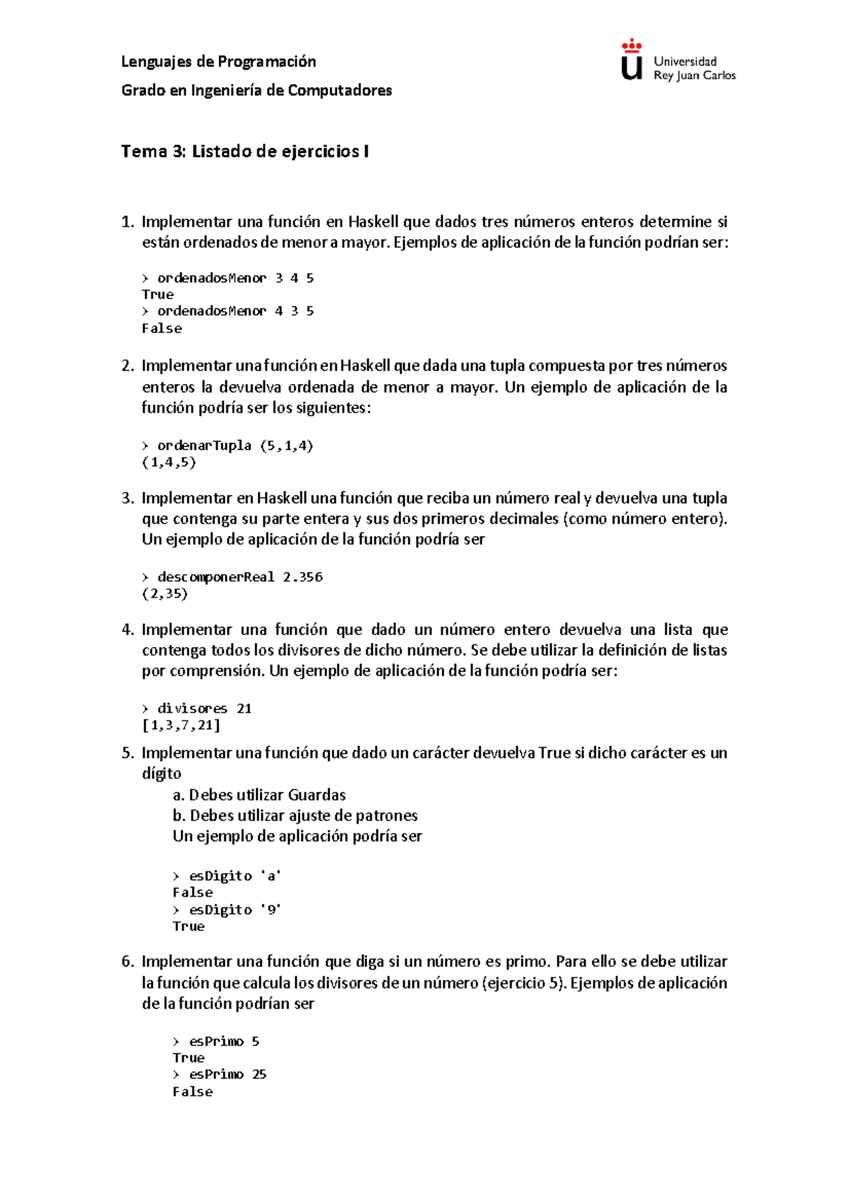 Tema3 Listado I Ejercicios Universidad Rey Juan Carlos - Lenguajes de ...